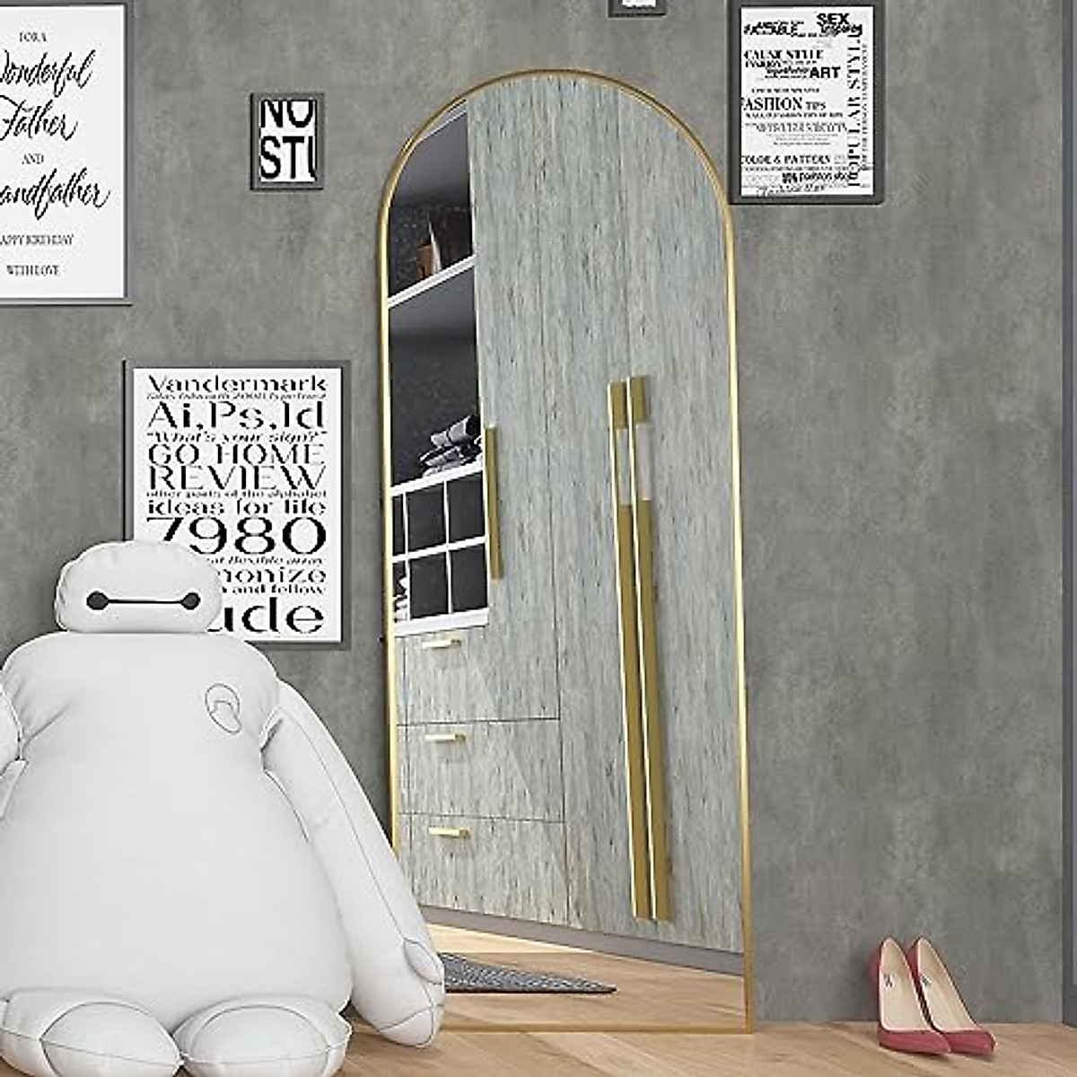 CASSILANDO Arched Full Length Mirror, 64" x 21", Floor Standing, Gold Metal Frame, Modern Style, Bedroom, Bathroom, Entrance, Decor