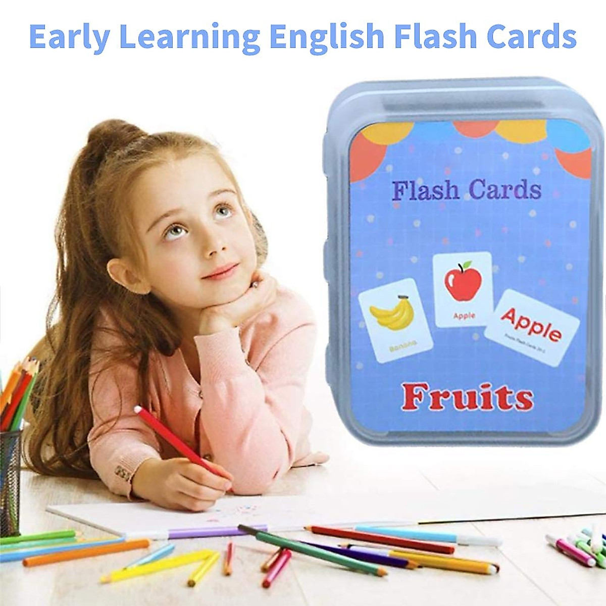 Preschool Learning Flash Cards Set of 4, Numbers, Alphabets, Colors, and Fruits, 100 Cards with 200 Pictures Early Educational Toy Gift for Kindergarten Tuddler Double-Sided Cards with Buckle