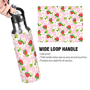 xigua 20oz Pink Strawberry White Flower Insulated Sport Water Bottle with Straw Lid Stainless Steel Vacuum Cup Leakproof Thermal Bottles 600ml