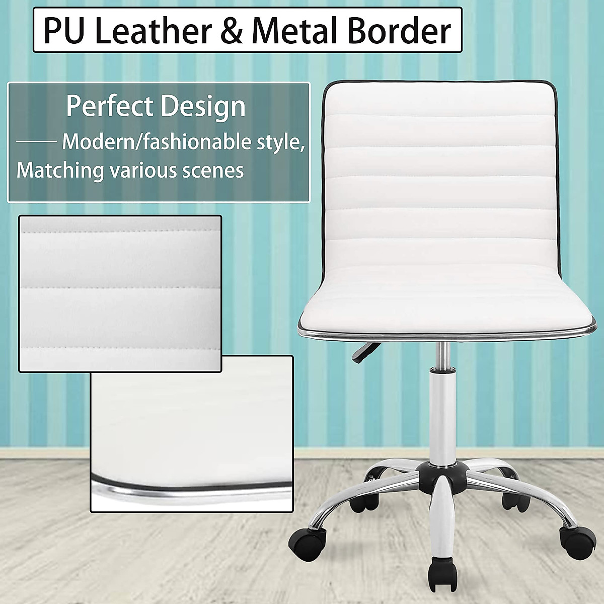 Pazidom Low Back Desk Chair Armless Leather Swivel Office Chair Adjustable Computer Task Chair, Vanity Chair for Makeup Room/Bedroom, White