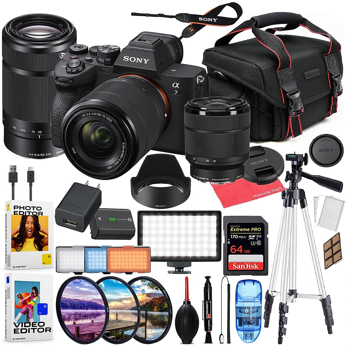 Sony a7 IV Mirrorless Camera with 28-70mm & 55-210mm Lens Bundled Kit + Accessory Package with LED Video Light, HD Filters, 64GB Extreme SD, Case, & Editing Software Package
