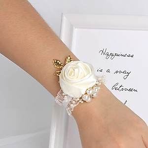 WANLIAN Rose Wrist Corsage Peal Diamond Boutonniere Gold Leaf Wrist Flower for Bride Bridesmaid Prom Wedding Ceremony Anniversary Set of 2(ivory)