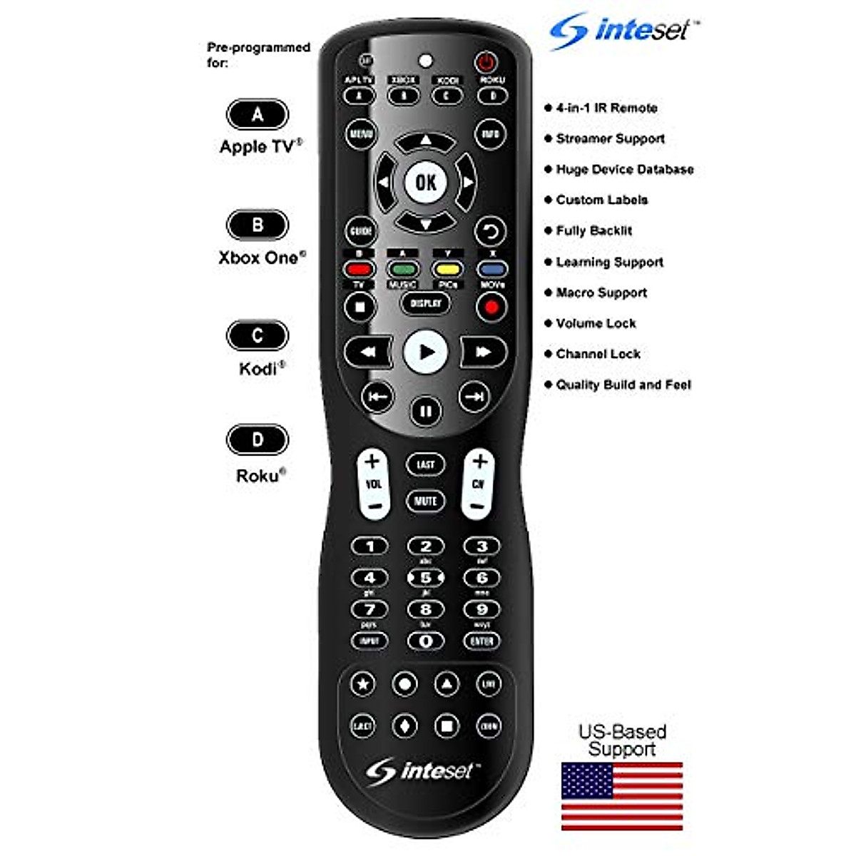 Inteset 4-in-1 Universal Backlit IR Learning Remote for use with Apple TV, Xbox Series X/S, Roku, Media Center/Kodi, Nvidia Shield, Most Streamers & Other A/V Devices
