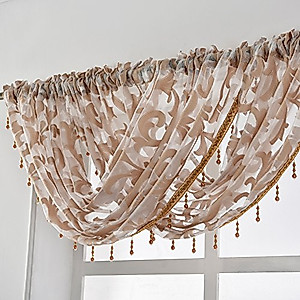 NAPEARL Swag Valance for Windows-Beige Organza Sheer Waterfall Valance, Elegant Beaded Valance Curtain for Bathroom, Kitchen, Small Windows (1 Valance, 57 x 37 Inch)