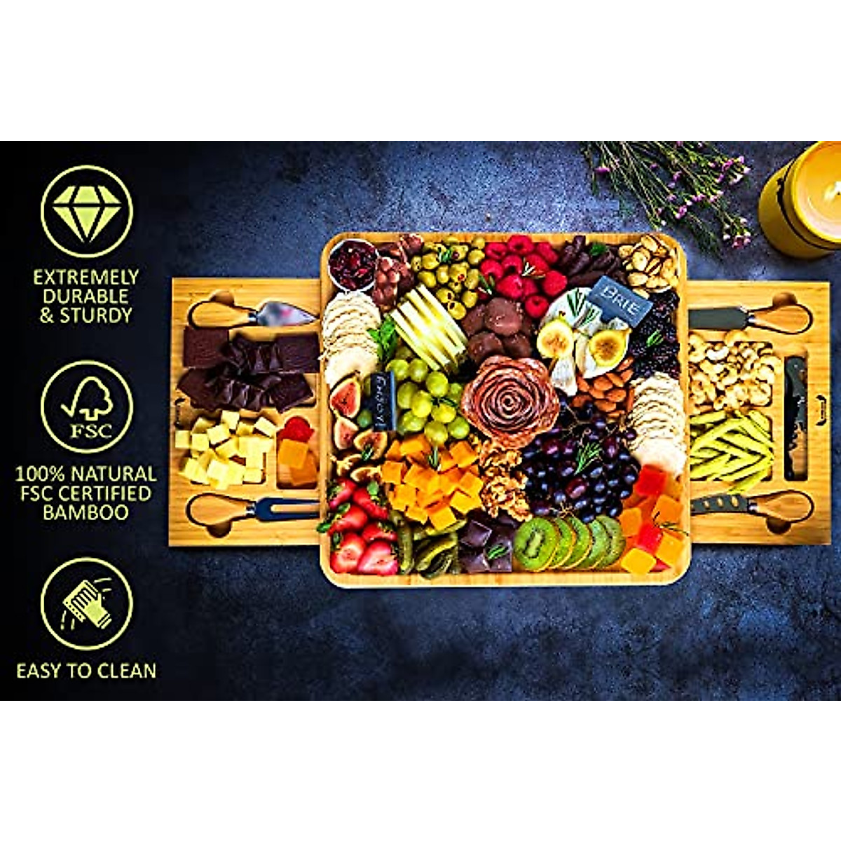 ZAGREUS Bamboo Cheese Board and Knife Set- 21 Pcs Charcuterie Accessories- Cheese Boards Charcuterie Boards- FSC Certified Extra Large Charcuterie Board Set- Wedding Bridal Shower Gifts, Home Gifts