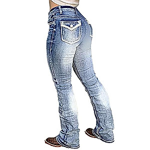 Flamingals Butt Lifting Jeans for Women Trendy Tummy Control Jeans Stretch Mid Waist Boot Cut Jeans Raw Hem Denim Pants A-Mid Blue-Raw Hem L
