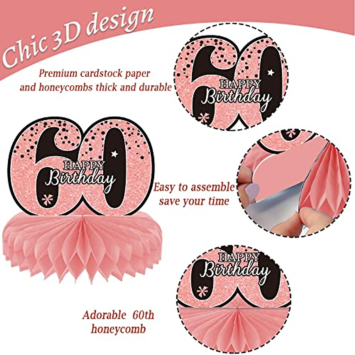 9 Pieces Rose Gold 60th Birthday decorations for Women Pink 60th birthday centerpieces for Tables Decorations Cheers to 60 Years Honeycomb Table Topper Happy 60th Birthday Decorations for Woman Sixty Years Birthday Party