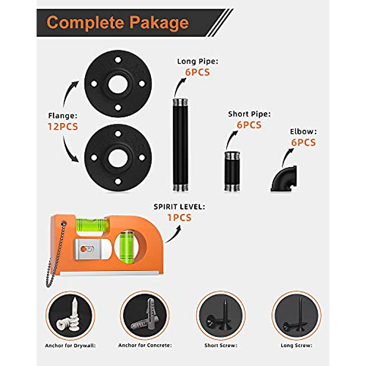 LuckIn Pipe Shelf Brackets for DIY 8 10 12 14 Inch Floating Shelves, Industrial Iron Pipe Bracket, Heavy Duty Metal Shelving Brackets, Black, 6-Pack