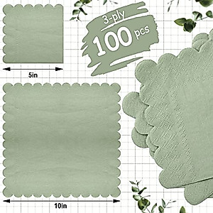 100 Pcs Scalloped Edged Cocktail Napkins Sage Green Square 3 Ply Paper Napkins Disposable Scalloped Napkins for Birthday Wedding Party, 5 x 5 Inch Folded