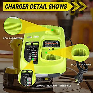 Masione 2Pack 6.0Ah P108 Batteries +P117 Charger Combo Replacement for Ryobi 18v Battery P108 P107 P104 P105 P102 P103 Charger with 260051002 P117 P118 P113 BCL1418