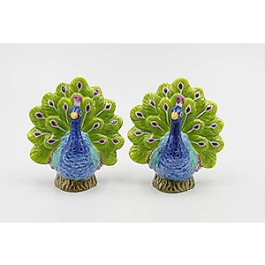 Fine Porcelain Peacock Open Fan Tail Salt & Pepper Shakers Set, 3-1/8" H