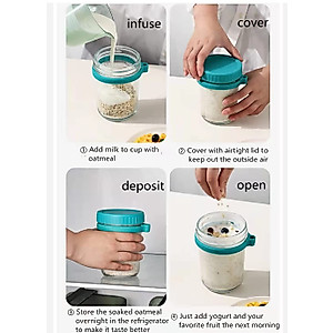 Overnight Oat Container with Lid and Spoon Set, 10 oz Large Airtight Oatmeal Container with Measure Marks Cereal, Milk, Vegetable and Fruit Salad Storage Containers(white and green)