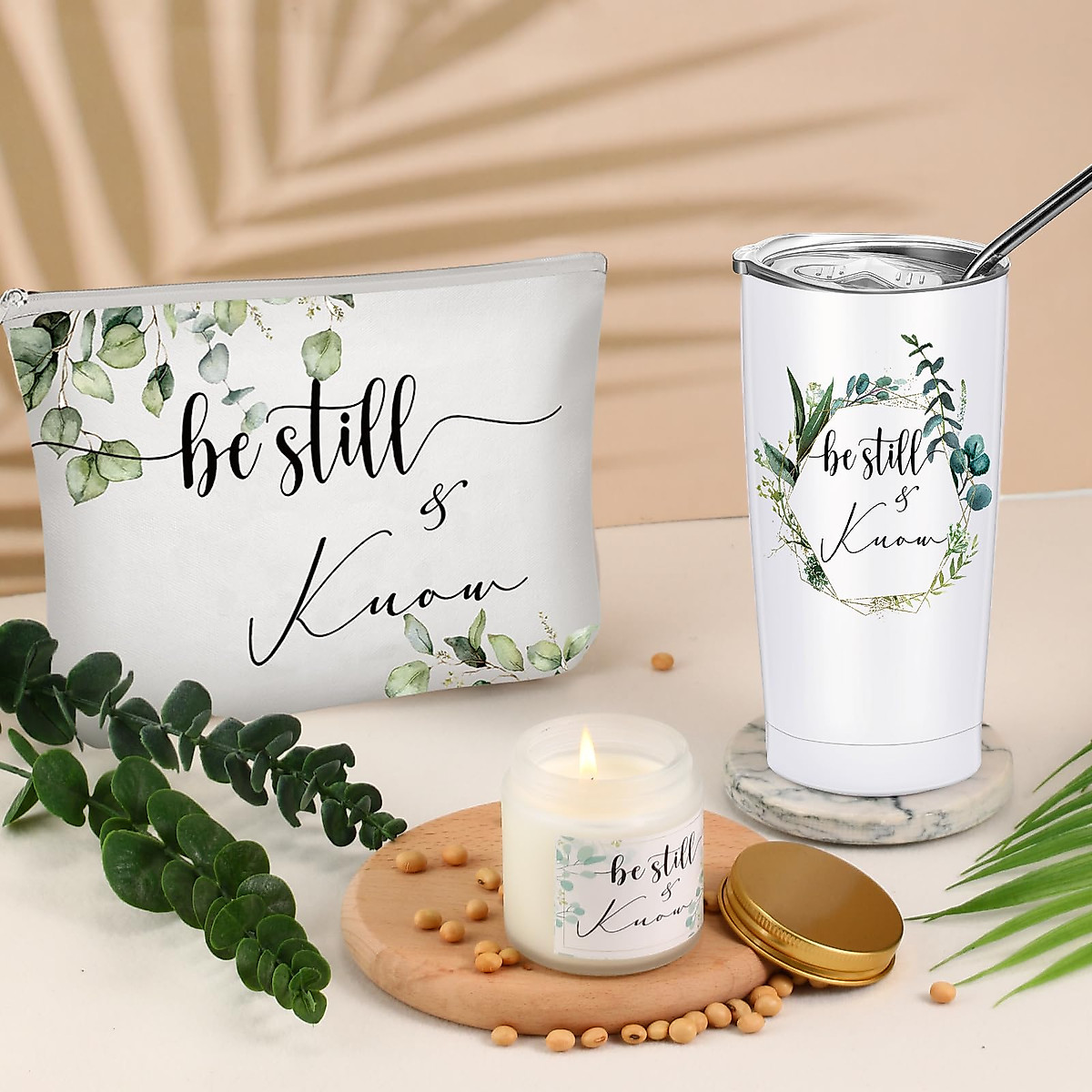 Sieral 3 Pcs Christian Gifts for Women Faith Be Still and Know Be Strong and Courageous Inspirational Travel Mug Tumbler Christian Prayer Candle Religious Bible Verse Cosmetic Bag for Mother(Still)