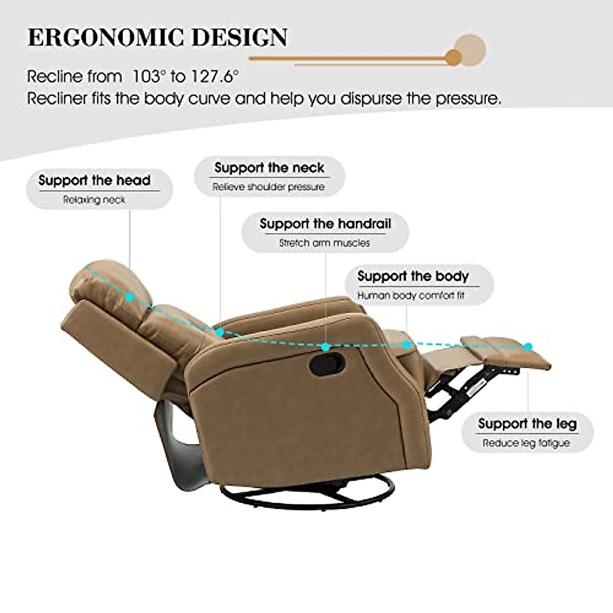 HULALA HOME Genuine Leather Swivel Rocker Recliners Set of 2 with Adjustable Backrest & Footrest, Manual Glider Recliners with 360° Swivel Base, Home Theater Sofa Chairs for Living Room, Taupe