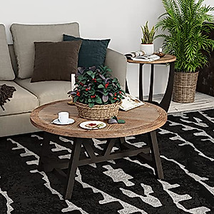 COZAYH Rustic Farmhouse Coffee Table with Geometric Base, French Country Accent Table for Family, Dinning or Living Room, Modern, Round, Coffee table Geometric Base (PH0402-4)