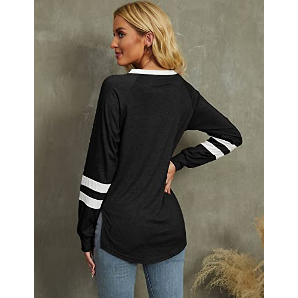 Tunic Tops for Leggings for Women V Neck Long Sleeve Fall Shirts Loose Fit Casual Tops B-black