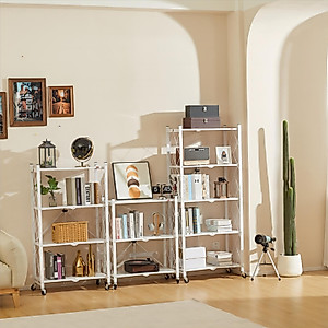 DEANIC 3 Tier Foldable Storage Shelves with Wheels, Large Capacity Shelving Unit, Freestanding Metal Wire Shelf Rack, No Assembly Organizer Rack for Garage Kitchen, Basement, Pantry(White)