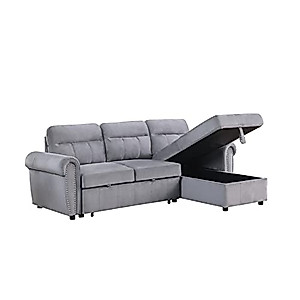 FANYE L-Shaped Oversized Reversible Convertible Tufted Sleeper Sectional Sofa with Pull Out Sleeper Couch Bed,Nailhead Decor Armrests and Storage Chaise for Living Room, Grey Velvet Sofabed