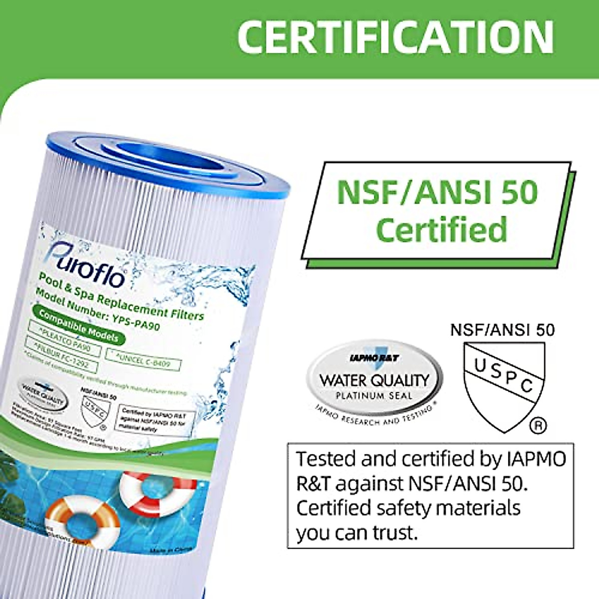 PUROFLO YPS-PA90 Pool Filter Replace for Hayward C900, CX900RE, Pleatco PA90, Unicel C-8409, Filbur FC-1292, Sta-Rite PXC95, Clearwater II ProClean 100, Waterway PCCF-100 Cartridge, 90 Sqft, 1 Pack