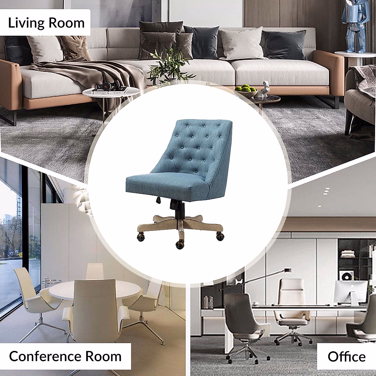 Modern Tufted Armless Home Office Chair, Comfy Upholstered Desk Chair with Vintage Wood Base, Height Adjustable Swivel Computer Task Chair for Living Room Bedroom, Blue