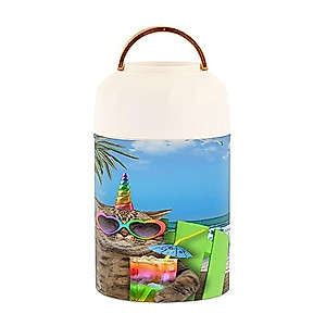 CUPADA Beach Cat Unicorn Food Jar, Tropical Palm Tree Insulated Hot Food Jars Vacuum 17OZ with Folding Spoon for Work Trip Picnic Camping