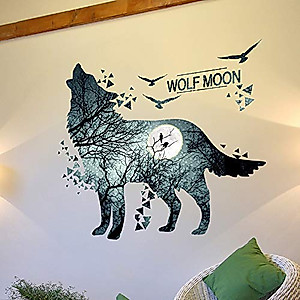 Removable Ink Moon Wolf Wall Decor Creative Blue Galaxy Wolf Room Wall Sticker Easy Peel & Stick Home Decor Murals for Kids Teen Girls Bedroom Nursery Ceiling Living Room