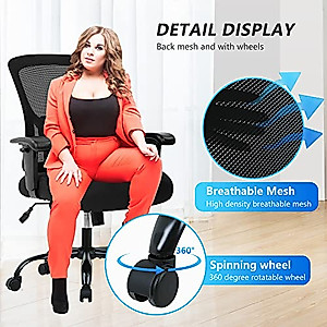 BestOffice 400lbs Wide Seat Desk Computer Lumbar Support Adjustable Arms Task Rolling Swivel Mesh Executive High Back Ergonomic Chair for Adults Women, Black