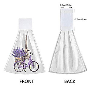 2 Pack Purple Lavender Eiffel Tower Hanging Kitchen Towels Romantic Spring Floral Bicycle Hand Towel with Loop Soft Microfiber Dish Towels Tie Towel for Bathroom Absorbent Washcloth
