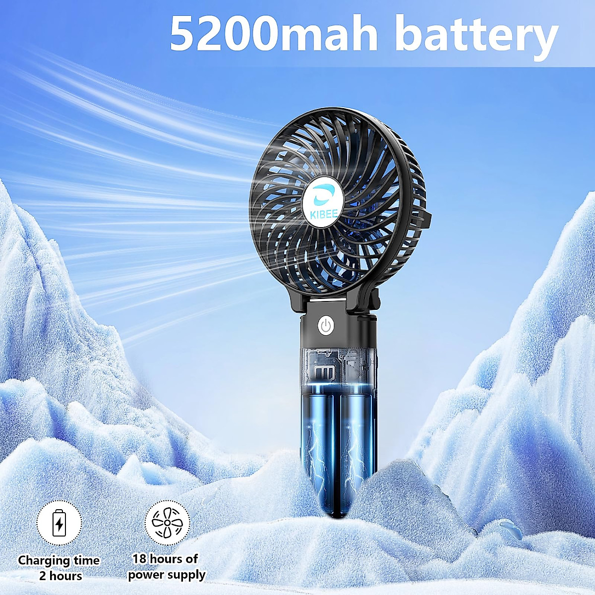 KIBEE Portable Fan,5200mAh Rechargeable Handheld Fan,180° Foldable Hand Fan,personal Fan,3 Wind Speeds Camping Fan.Mini Fan for outdoor,home,makeup,office(Black)