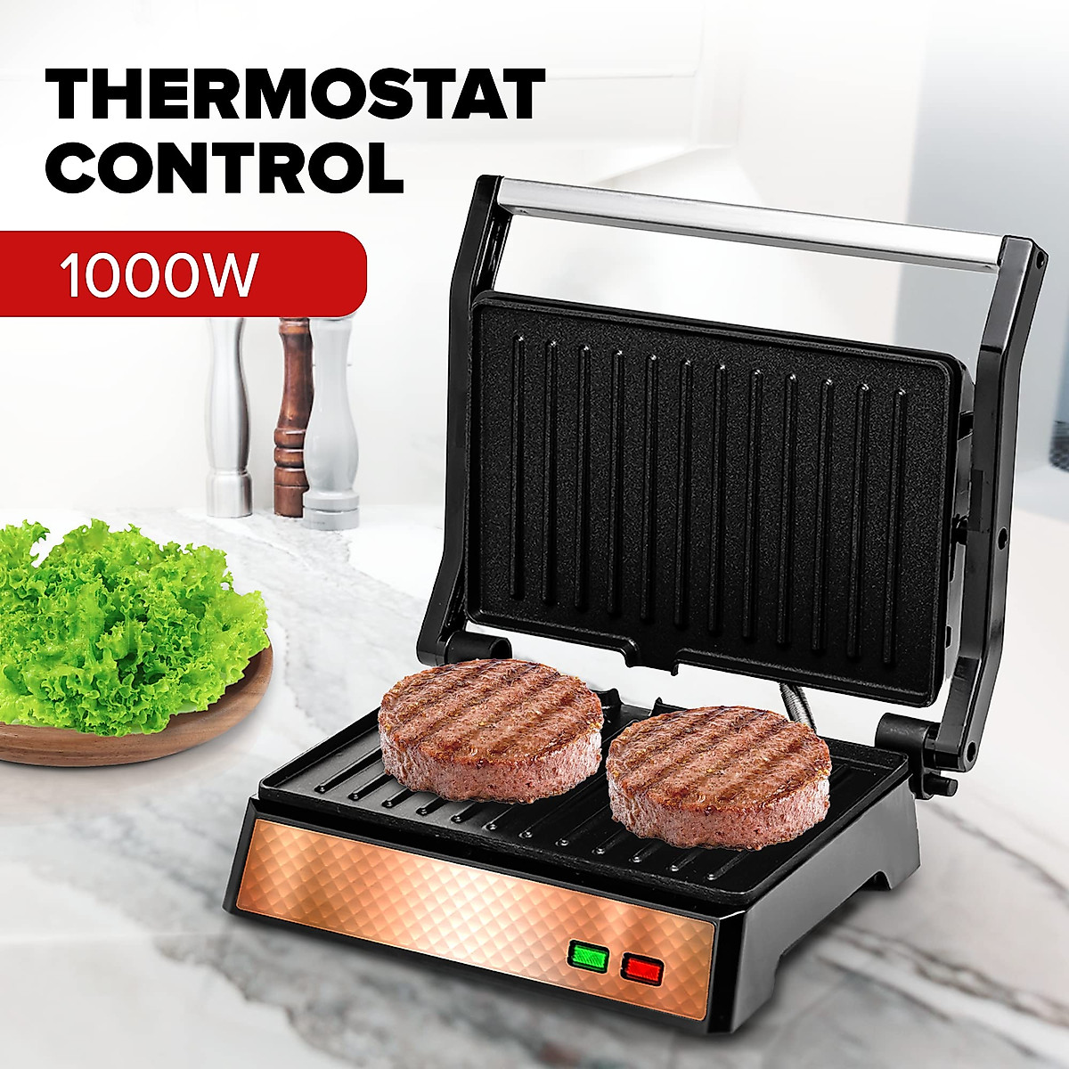 Ovente Electric Indoor Panini Press Grill with Non-Stick Cooking Plate, 1000W Thermostat Control and Removable Drip Tray for Easy Clean, Ideal 2-Slice Sandwich Maker for Breakfast, Copper GP0620CO