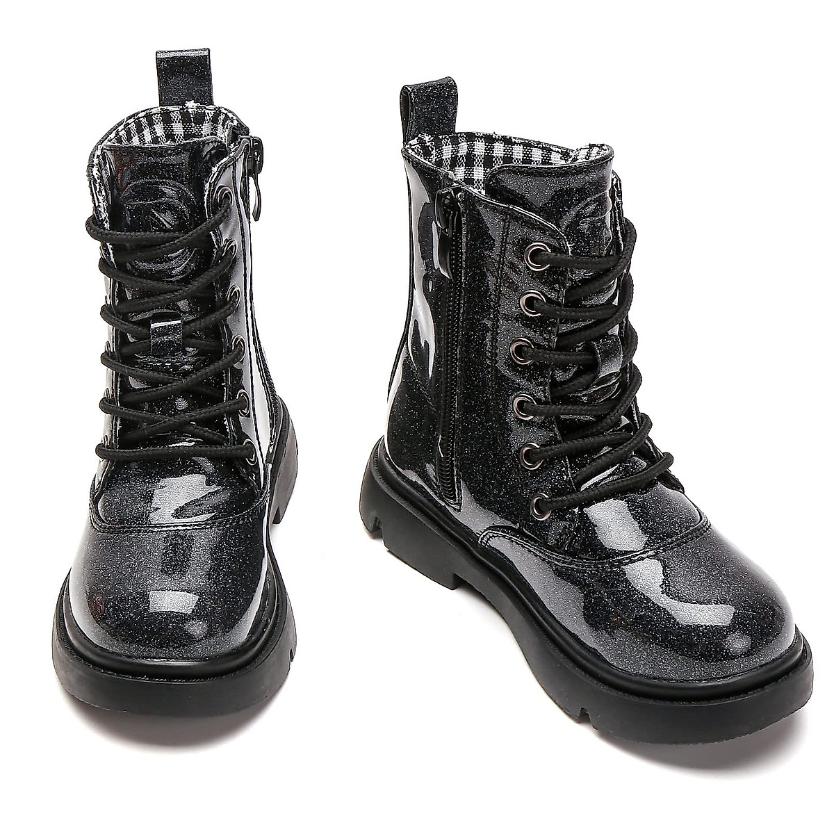 kkdom Boys Girls Waterproof Lace Up Side Zipper Mid Calf Combat Boots(Toddler/Little Kid/Big Kid) Glitter Black US Size 2 M Little Kid