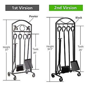 AMAGABELI GARDEN & HOME 5 Pieces Fireplace Tools Set Wrought Iron Holder Black Fireset Pit Stand Fire Place Log Tongs Tools Kit Sets with Handles Wood Stove Accessories