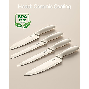 Otirilo 13 Pieces Kitchen Knife Set, Granite Nonstick Ceramic Coating Stainless Steel Sharp Chef Knives Set with Blade Guards & Kitchen Scissors, Essential Knife Set for Kitchen, Dishwasher Safe,White