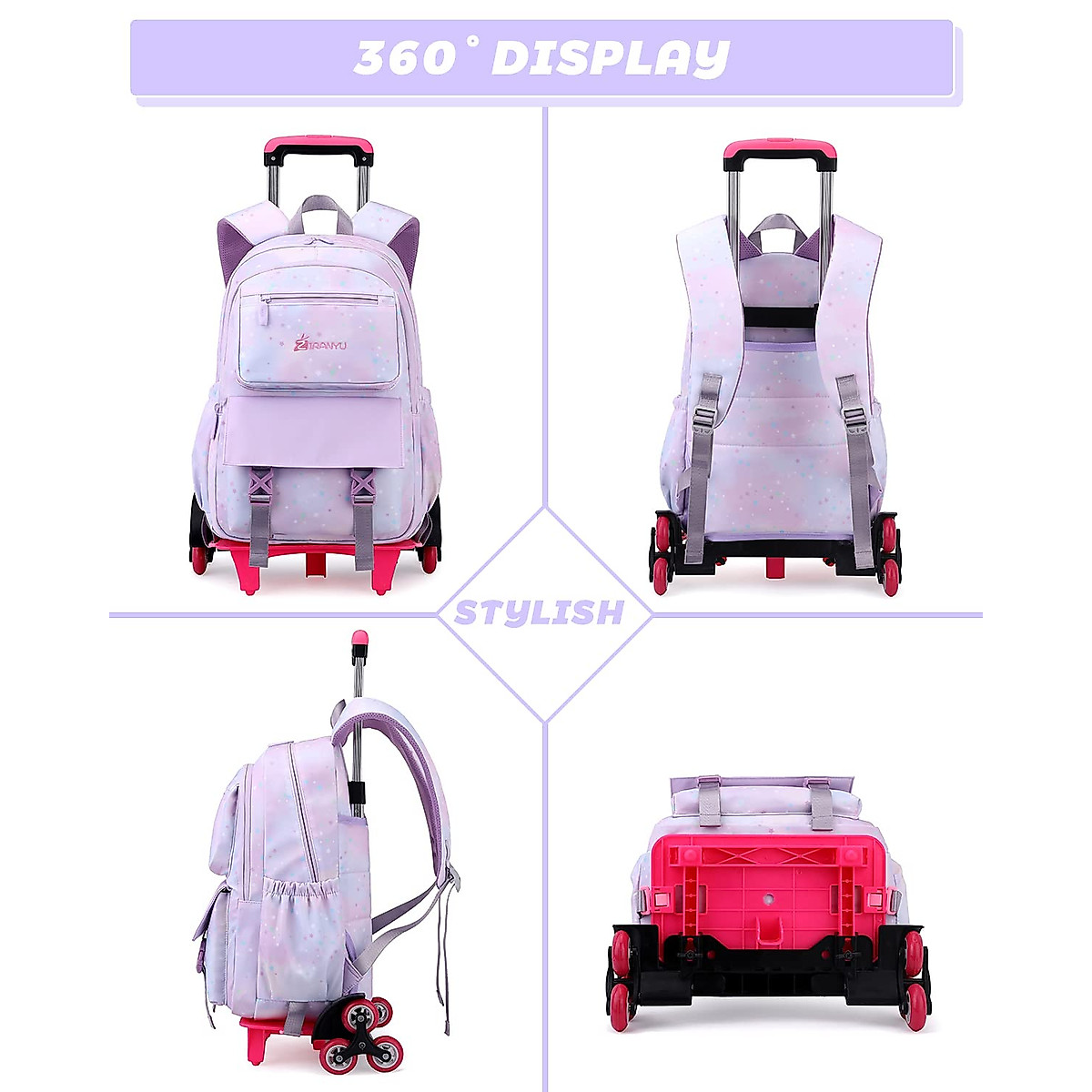 Tanou Rolling Backpack, Lightweight Backpacks with Wheels for Girls, 2023 Kids Roller Bookbags for School Travel, 16 Inch, Purple Star