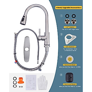 WOWOW Kitchen Faucet with Sprayer, Kitchen Sink Faucet, SUS 304 Stainless Steel, High Arc Single Handle Brushed Nickel Kitchen Faucets with Pull Down Sprayer, Pull Out Kitchen Faucet with Deck Plate