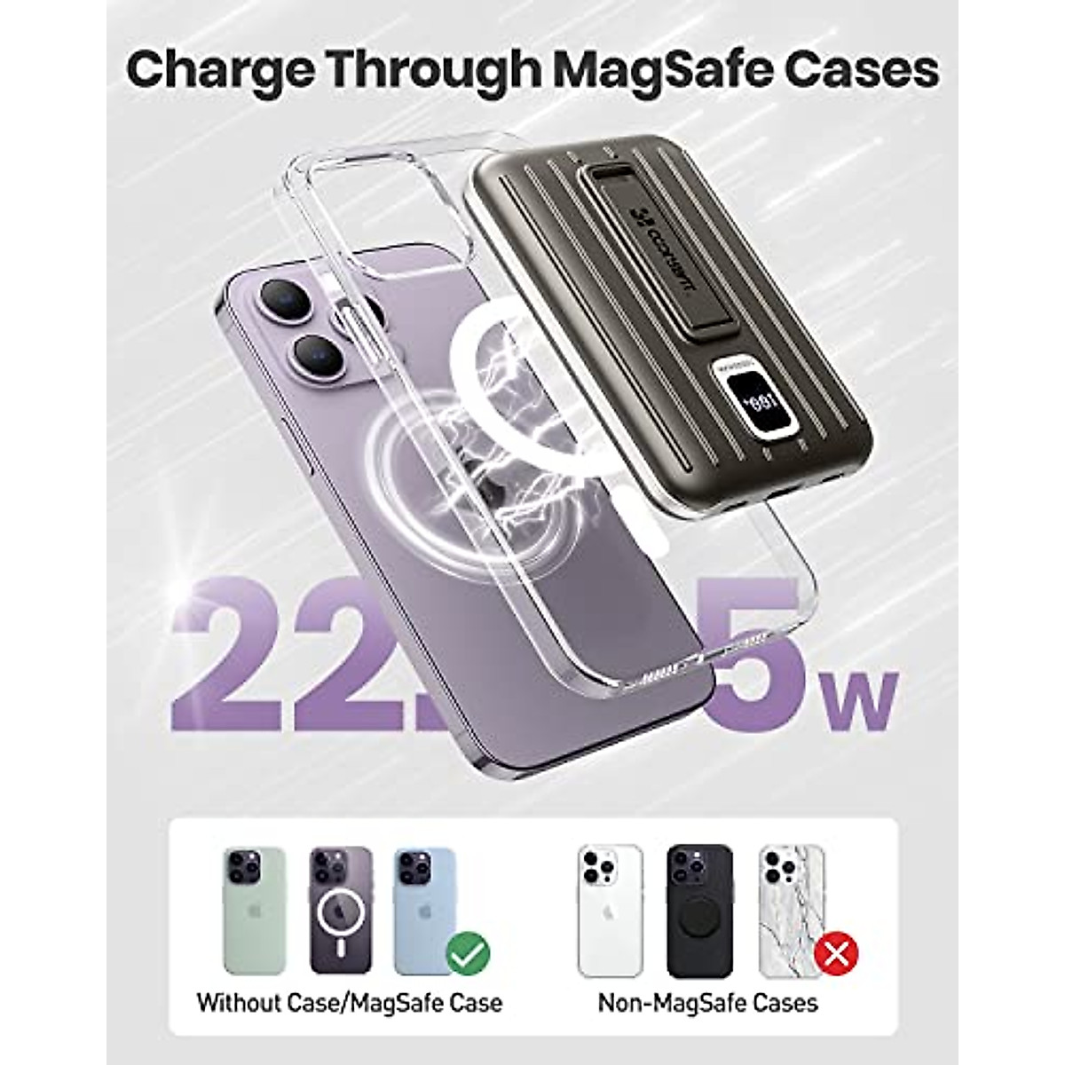 Coolreall 【4 in 1】 Magnetic Wireless Power Bank, Slim 10000mAh Portable Charger with Phone Holder, 15W Type-C Fast Charger Mag-Safe Battery Pack Compatible with iPhone 14 13 12 iWatch Series