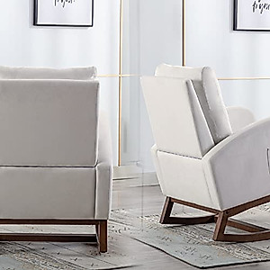 Rocking Chair Nursery Glider Rocker Chair High Backrest Upholstered Velvet Accent Armchair with Side Pocket for Living Room Bedroom Office (Cream)