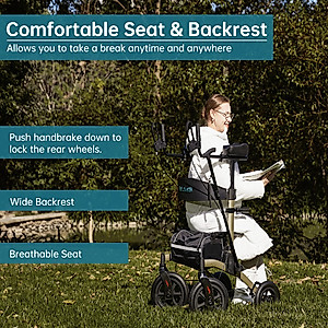 ELENKER All-Terrain Upright Rollator Walker, Stand up Rolling Walker with Seat, 12” Non-Pneumatic Tire Wheels, Compact Folding Design for Seniors, Champagne