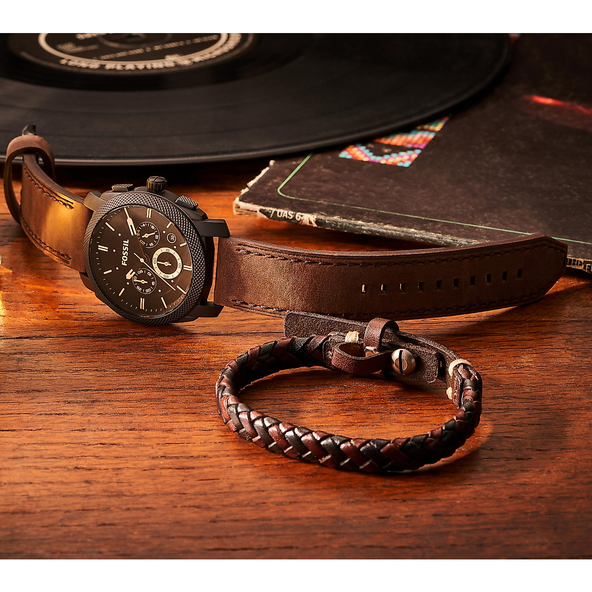 Fossil Men's Machine Quartz Stainless Steel Chronograph Watch and Bracelet Set, Color: Black, Dark Brown (Model: FS5251SET)