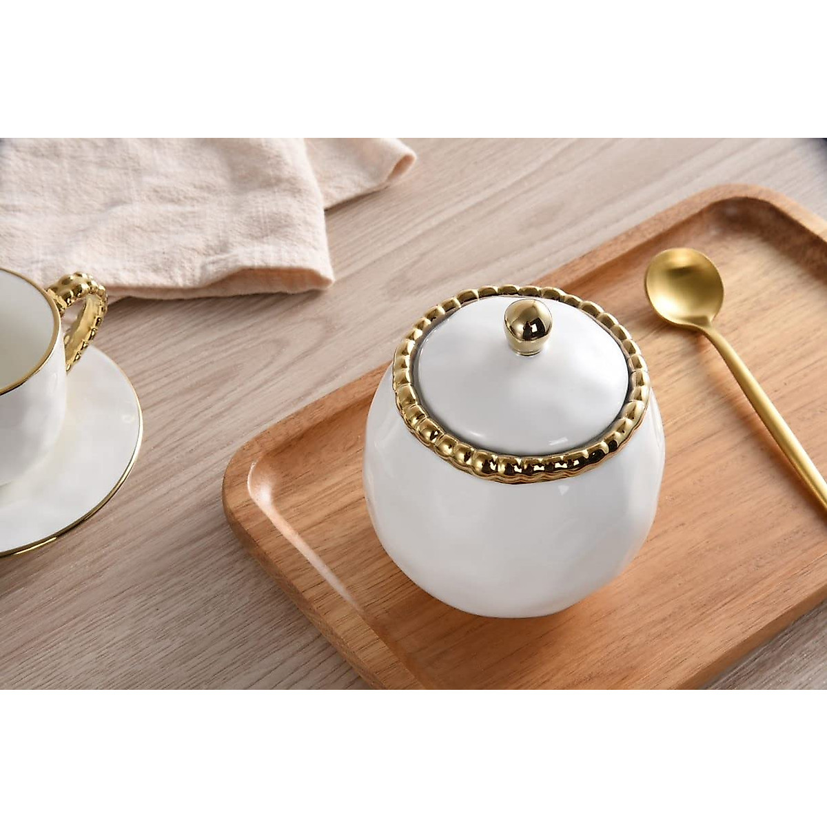 Pampa Bay Golden Salerno Porcelain Covered Sugar Bowl with Beaded Trim, White/Gold