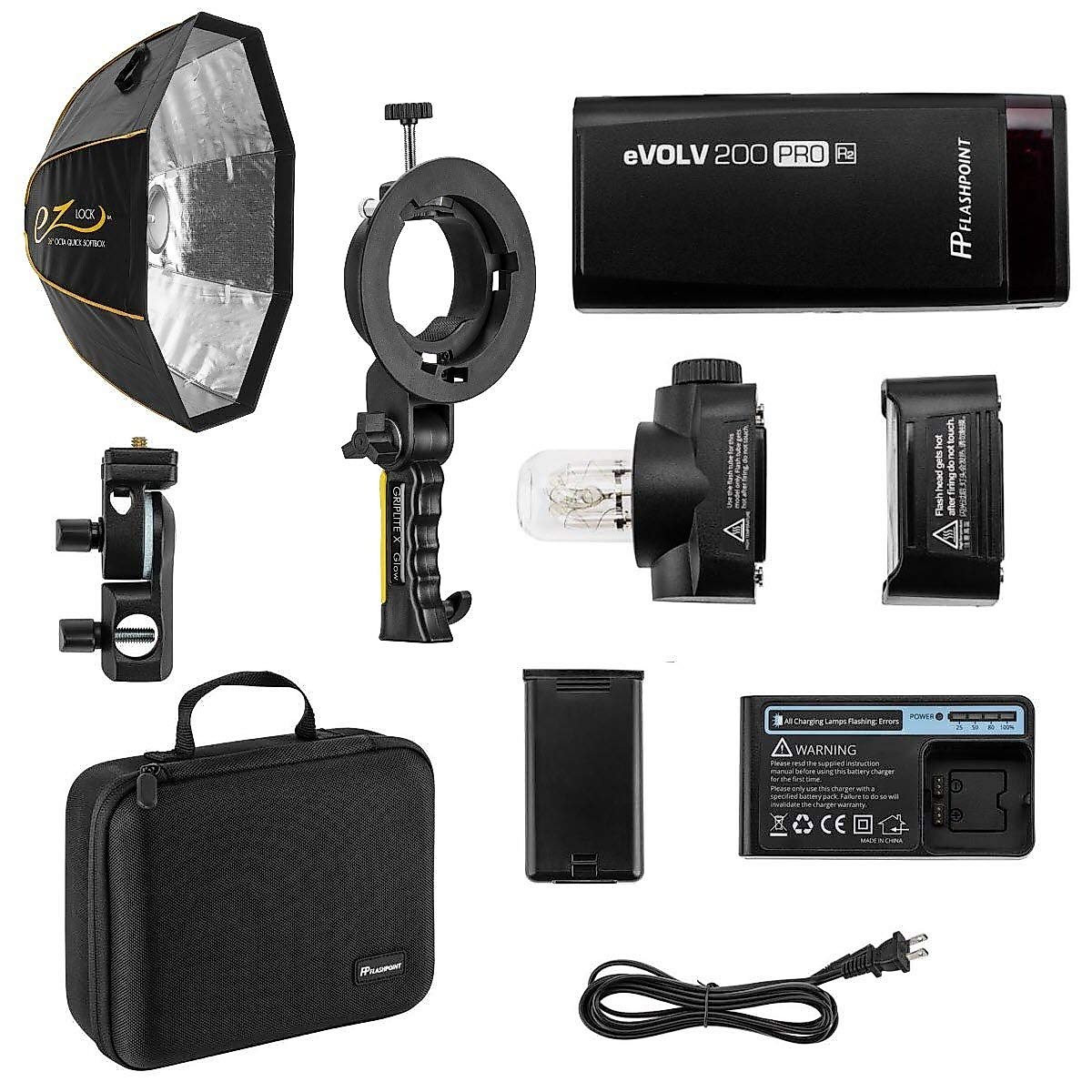 Flashpoint eVOLV 200 Pro TTL Pocket Flash Kit - AD200 Pro, Glow EZ Lock Quick Octa Large Softbox with Bowens Mount (36in), Handheld Grip S-Type Bracket Bowens Mount Holder for Speedlite Flash Softbox