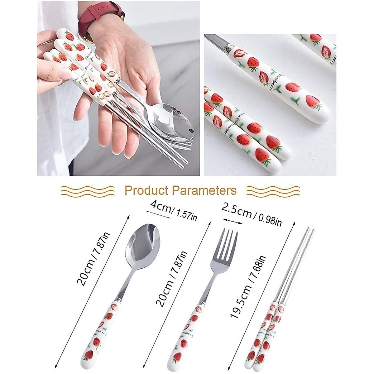 SENIDIKE Silverware Set, Ceramic Handle Dinnerware Set Flatware Kitchen Accessories Camping Travel Sets Fork Spoon Portable Cutlery Sets with Case, Lemon Strawberry Watermelon Pineapple Fruit series