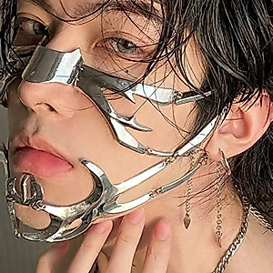 Eddie Munson Punk Mechanical Mask for Women-Irregular Liquid Design Metal Face Accessories-Halloween Party Prom Mask for Women Men (2PCS Nose+Lip)