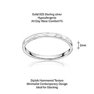 Hoops & Loops Sterling Silver Polished Hammered Midi Stackable Thin Wedding Band Ring, Size 9