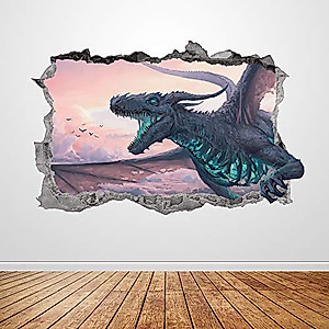 Dragon Wall Decal Smashed 3D Graphic Fantasy Wall Sticker Art Mural Poster Kids Room Decor Gift UP215 (24"W x 16"H inches)