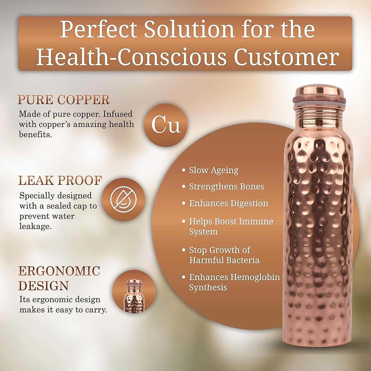 BLIXIFY Copper Water Bottle (34oz/1000ml) Handcrafted Ayurvedic 100% Pure Copper Water Bottle for Drinking | Heavy Duty, Leak-proof & Lab-Tested | Perfect for Everyday Use, Gifting, Travel
