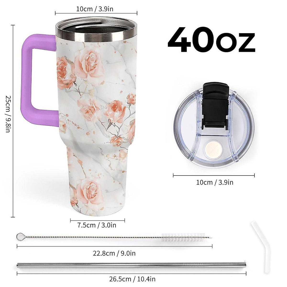 White Marble Rose Gold 40 Oz Tumbler Insulated Stainless Steel Water Bottle Travel Mug Car Cup with Handle And Straw