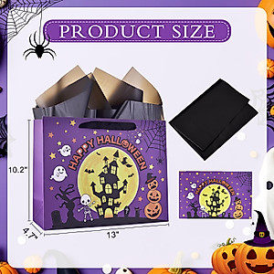 JEWOU Purple Halloween Party Gift Bag Halloween Birthday Gift Bag with Tissue Paper and Card Halloween Night Pumpkin Cat Ghost Wrapping Bat-Themed Favor Bag Halloween Wrapping Paper for Trick or Treat