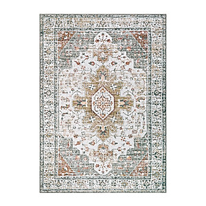 Moynesa Ultra-Thin Washable Area Rug - 5x7 Rugs for Living Room Washable Rugs for Bedroom Soft Office Mat, Printed Low Pile Accent Dining Room Carpet for Basement Nursery Playroom, Beige/Gold