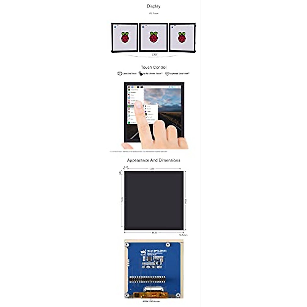 Iunius 4inch Square Capacitive Touch Screen LCD (C),for Raspberry Pi, 720×720, DPI, IPS, Toughened Glass Cover, Display DPI666 262K Colors,Low Power